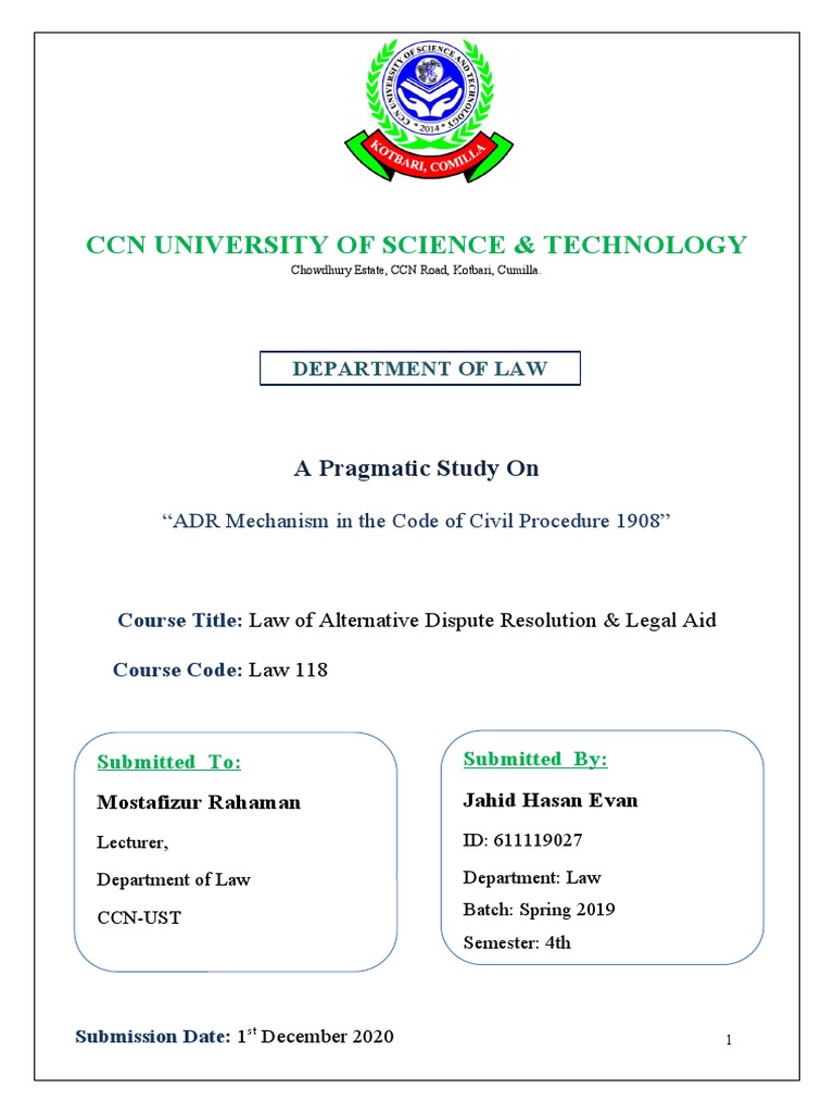 CCN University of Science & Technology: A Pragmatic Study On | PDF | Alternative Dispute ...