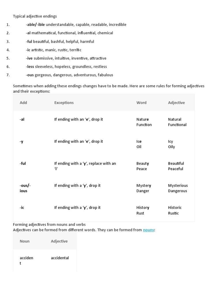 Typical Adjective Endings | PDF | Adjective | Linguistics