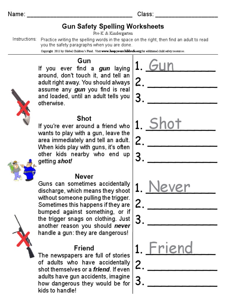 Gun Safety Spelling Vocabulary Worksheet Pre K Kindergarten | PDF ...