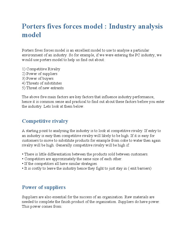 Porters Fives Forces Model | PDF | Microeconomics | Marketing