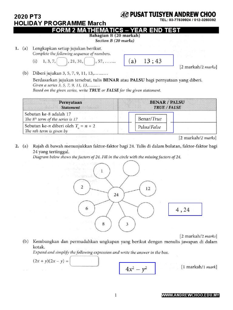 Form 2 Mathematics Year End Test Questions Covering Key Concepts Such ...