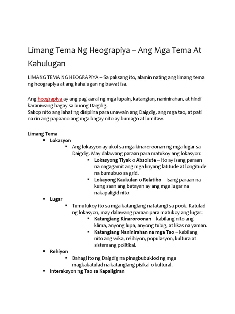 Limang Tema NG Heograpiya | PDF
