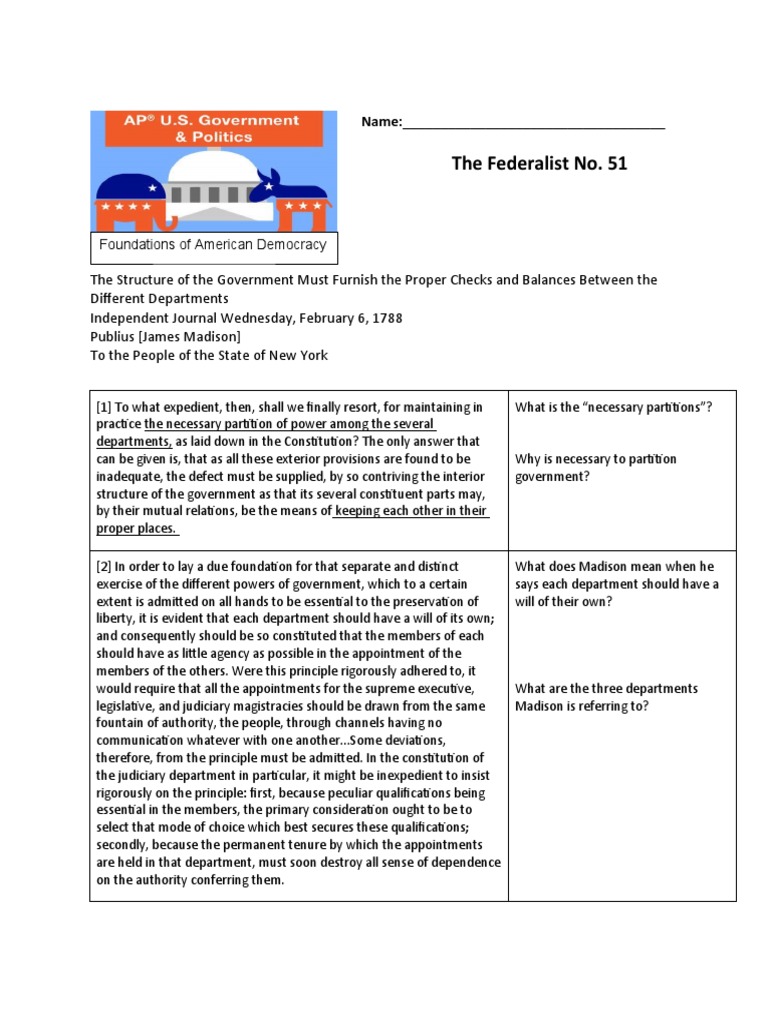 Annotated Analysis of Federalist 51 | PDF | Separation Of Powers ...