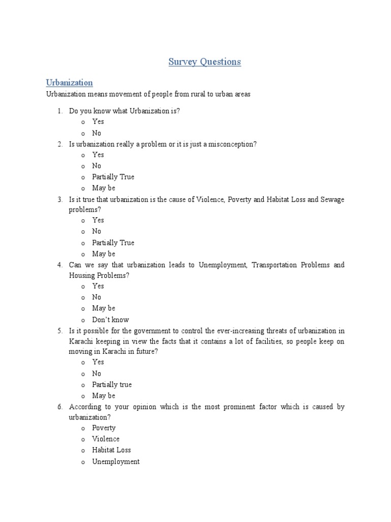 Survey Questions: Urbanization | PDF | Urbanization | Nature
