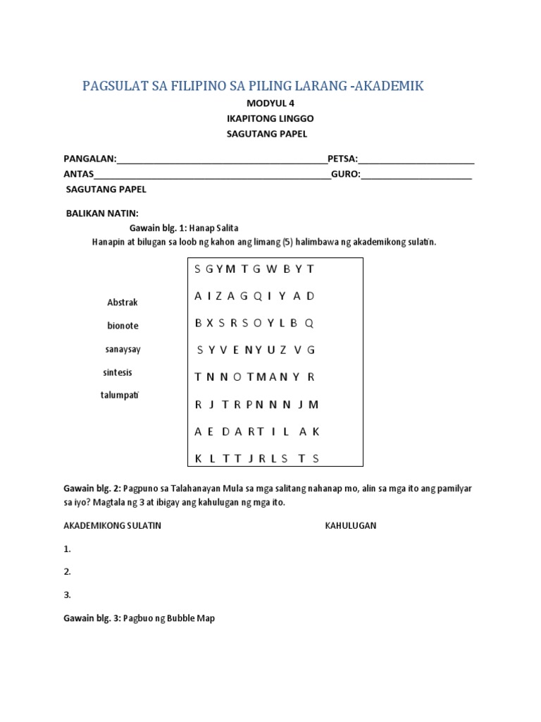 SAGUTANG PAPEL SA MvaODYUL 4 7 WEEK PAGSULAT | PDF