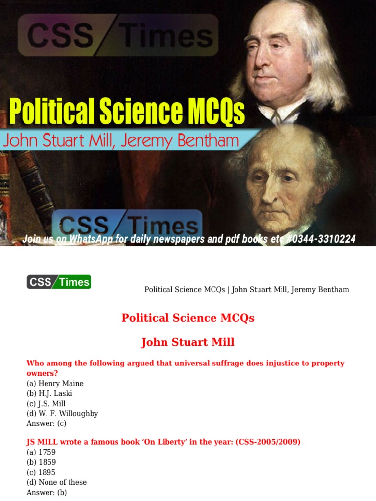Political Science MCQs - John Stuart Mill, Jeremy Bentham | PDF