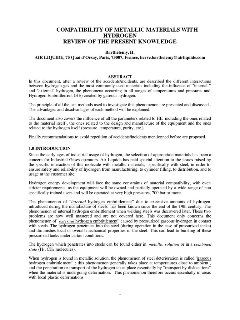 Compatibility of Metallic Materials With Hydrogen - Review of The ...
