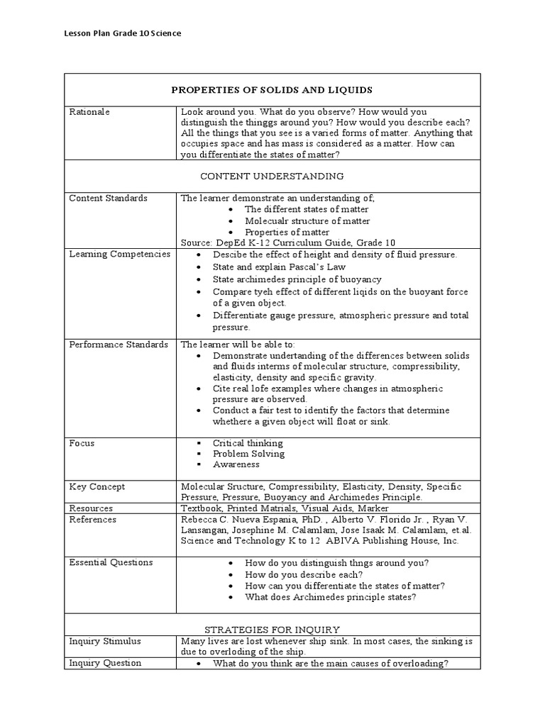 Properties of Solids and Liquids: Lesson Plan Grade 10 Science | PDF ...