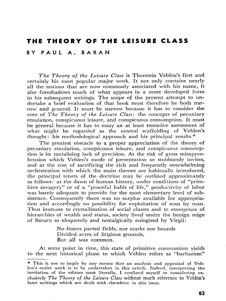 Veblen's Leisure Class Analysis | PDF | The Theory Of The Leisure Class ...