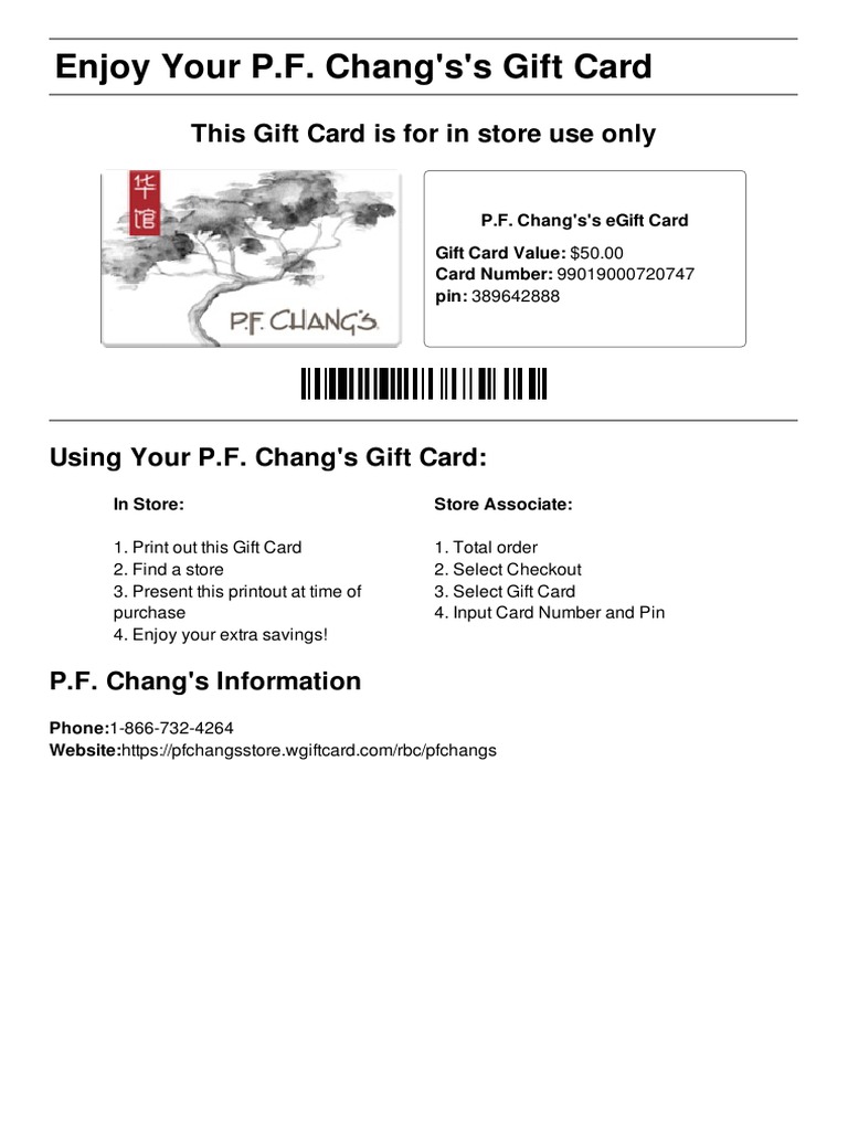 Enjoy Your P.F. Chang's's Gift Card: This Gift Card Is For in Store Use ...