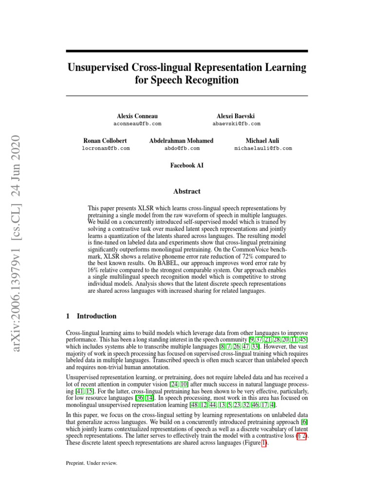 Unsupervised Cross-Lingual Representation Learning For Speech ... Unsupervised Cross-Lingual Representation Learning For Speech ...