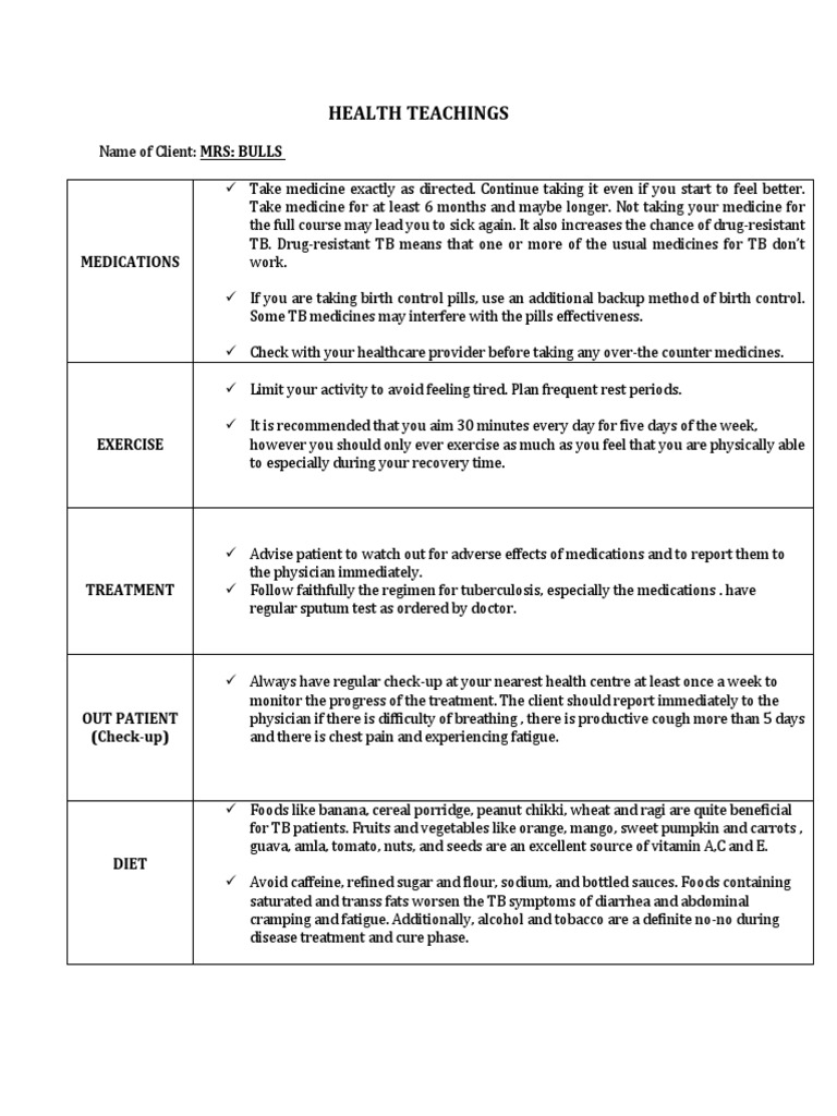HEALTH TEACHINGS 1o | PDF | Tuberculosis | Physical Examination