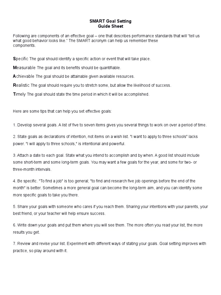 SMART Goal Setting Guide Sheet | Download Free PDF | Goal Setting | Goal