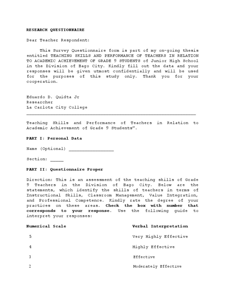 Teacher Skills Assessment Questionnaire | PDF | Classroom Management ...