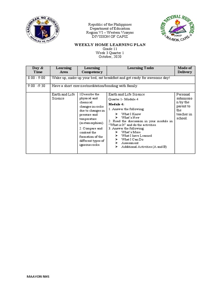 Weekly Home Learning Plan: Day & Time Learning Area Learning Competency Learning Tasks Mode of ...