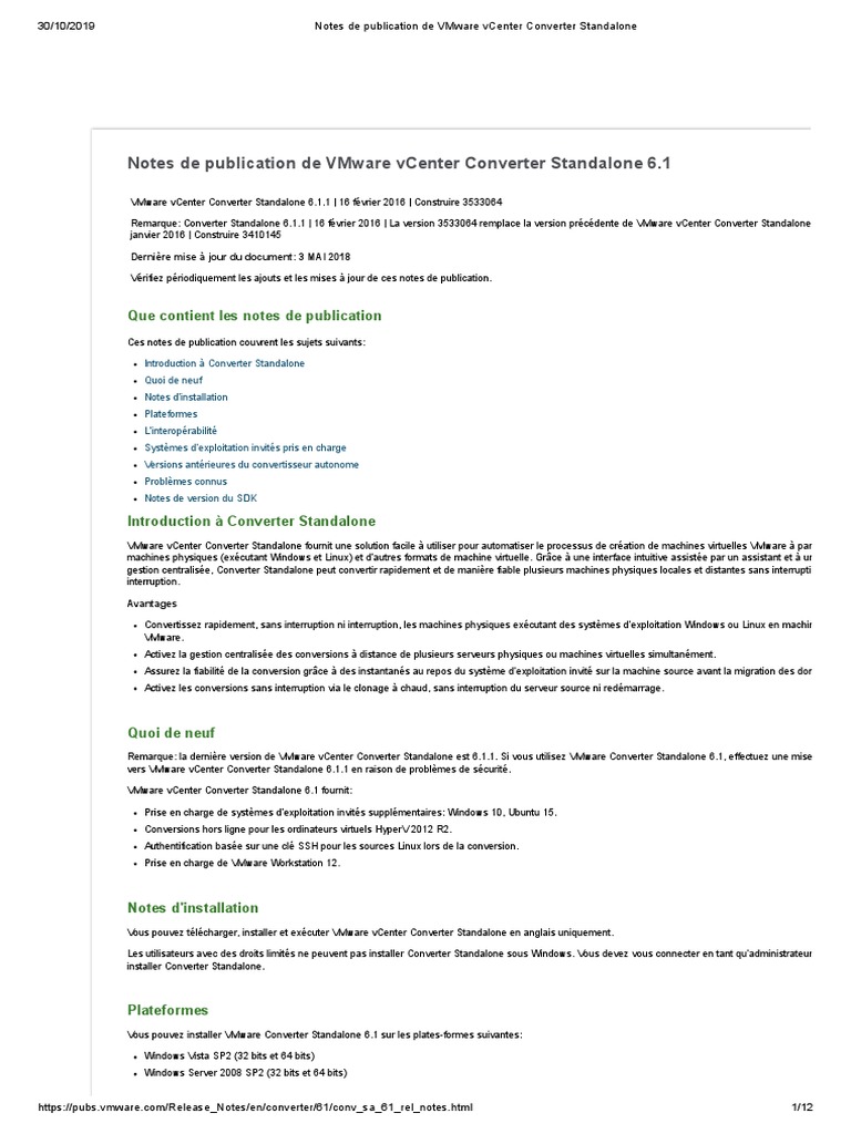 Notes de Publication de VMware Vcenter Converter Standalone PDF | PDF ...