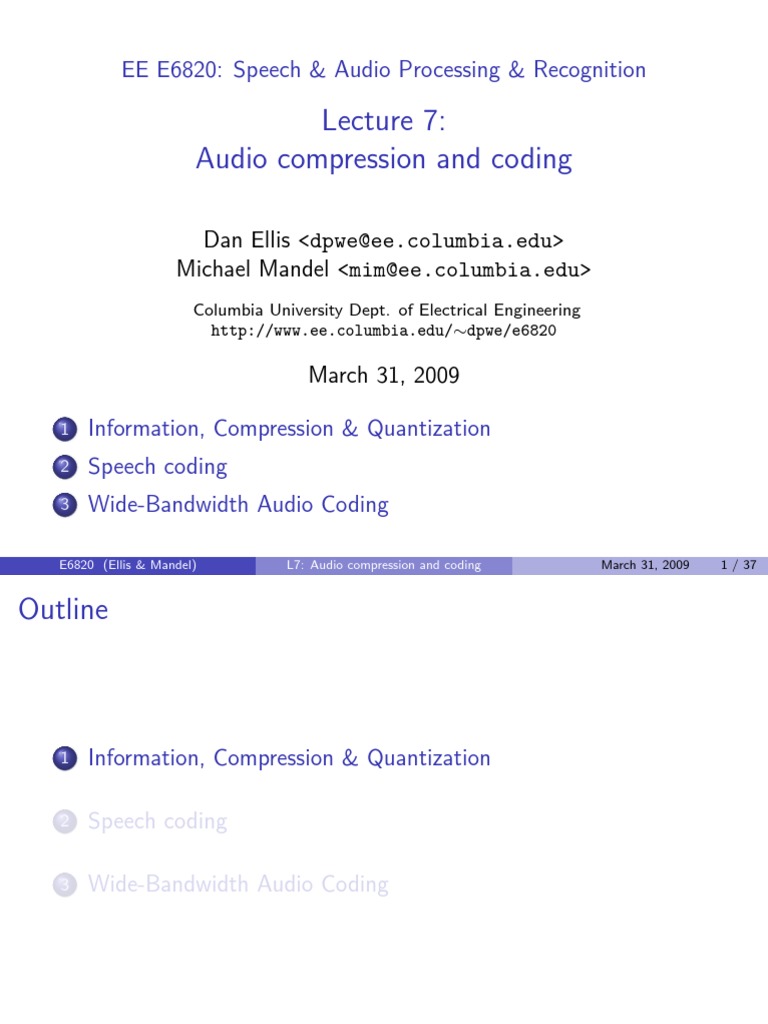Ellis, Mandel - 2009 - Lecture 7 Audio Compression and Coding | PDF | Data Compression | Mp3