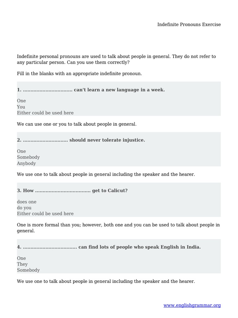 Indefinite Pronouns Exercise | PDF | Linguistic Morphology | Syntax