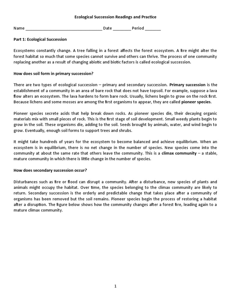 Ecological Succession Worksheet | PDF | Disturbance (Ecology) | Ecosystem