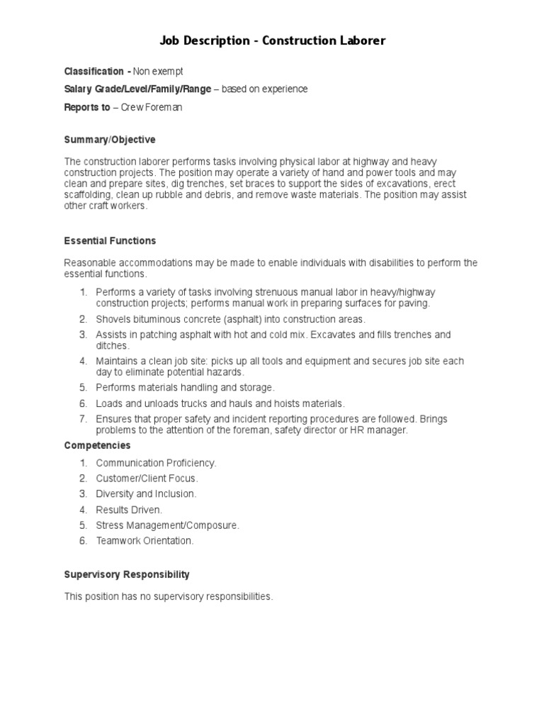 Job Description - Construction Laborer: Summary/Objective | PDF ...