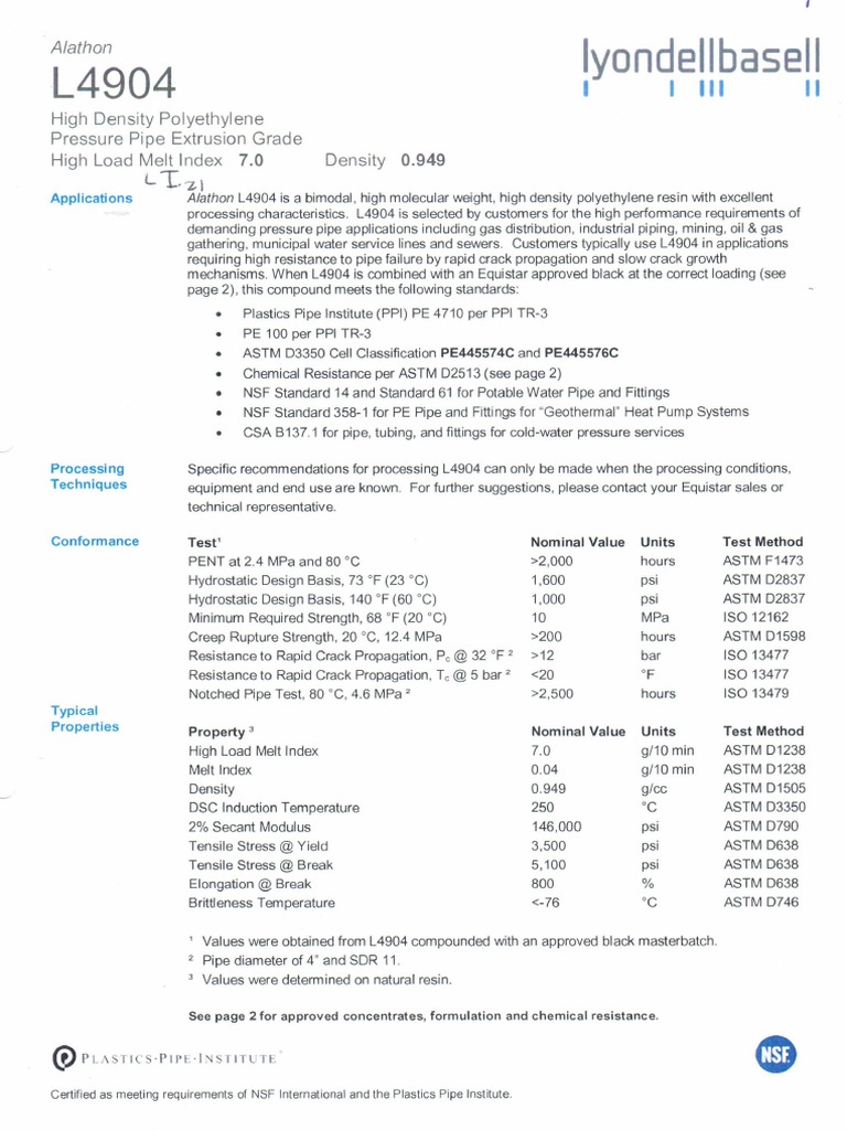 Ficha Tecnica Materia Prima HDPE ALATHON L4904 - PE 100 - PE 4710 | PDF
