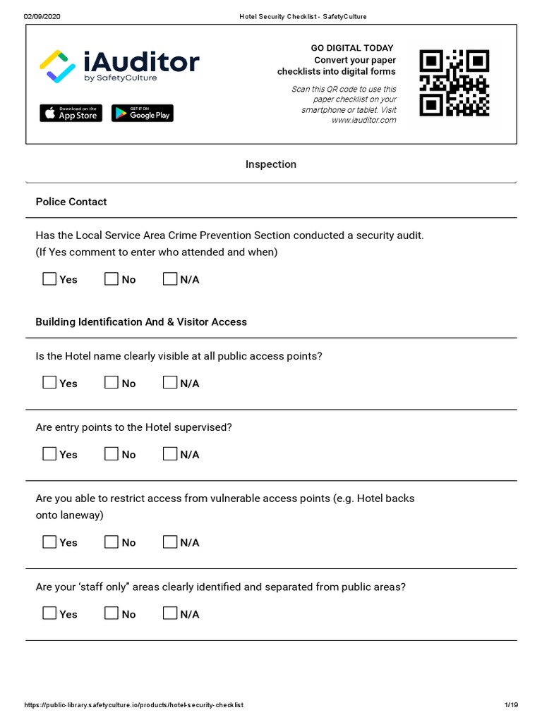 Hotel Security Checklist - SafetyCulture PDF | PDF | Closed Circuit ...