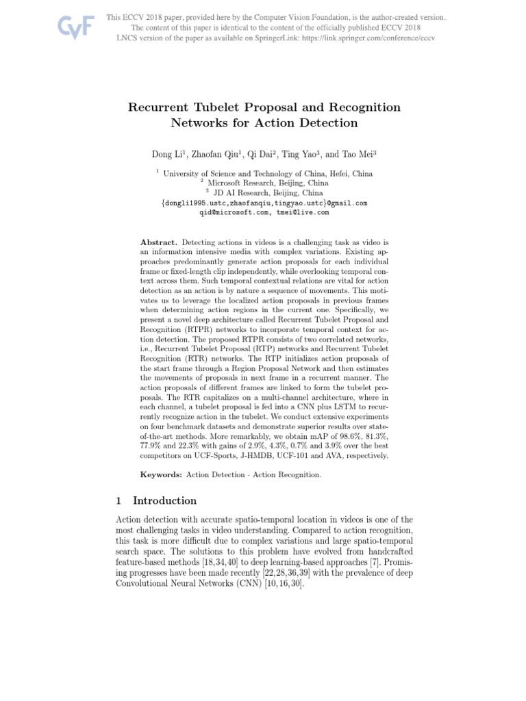 Recurrent Tubelet Proposal and Recognition Networks For Action Detection | PDF | Cybernetics ...