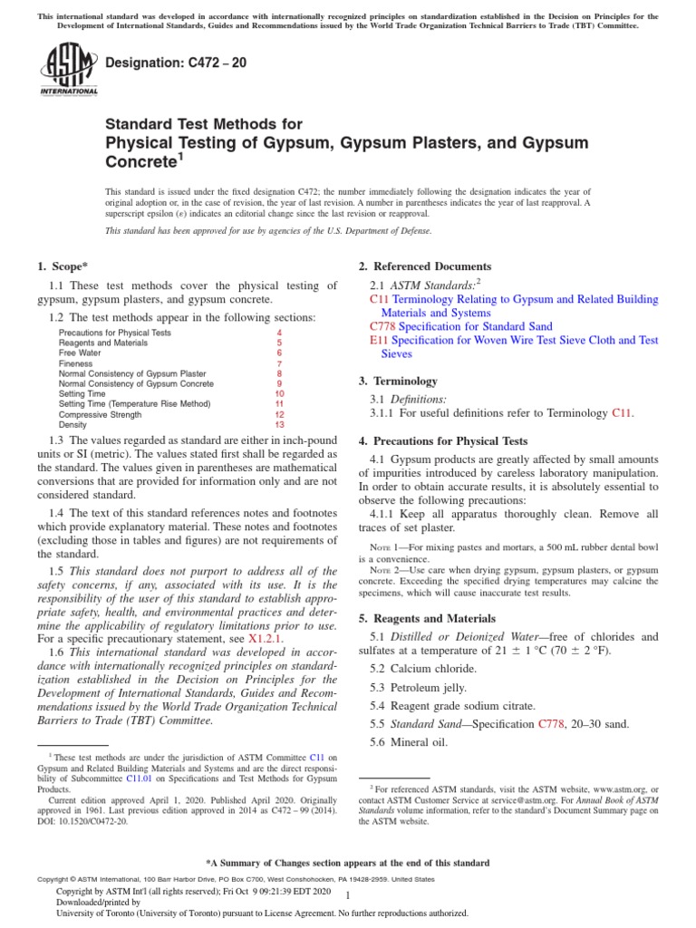 ASTM C472 - 20 Standard Test Methods For Physical Testing of Gypsum ...