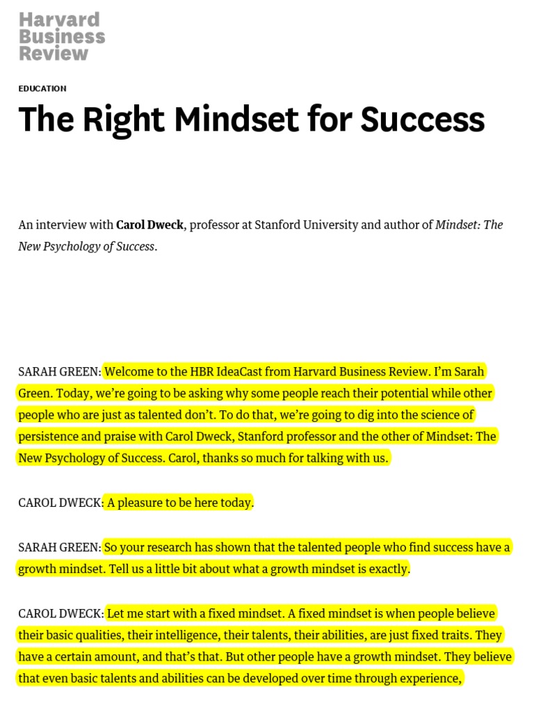 The Right Mindset For Success PDF | PDF | Mindset | Behavior Modification