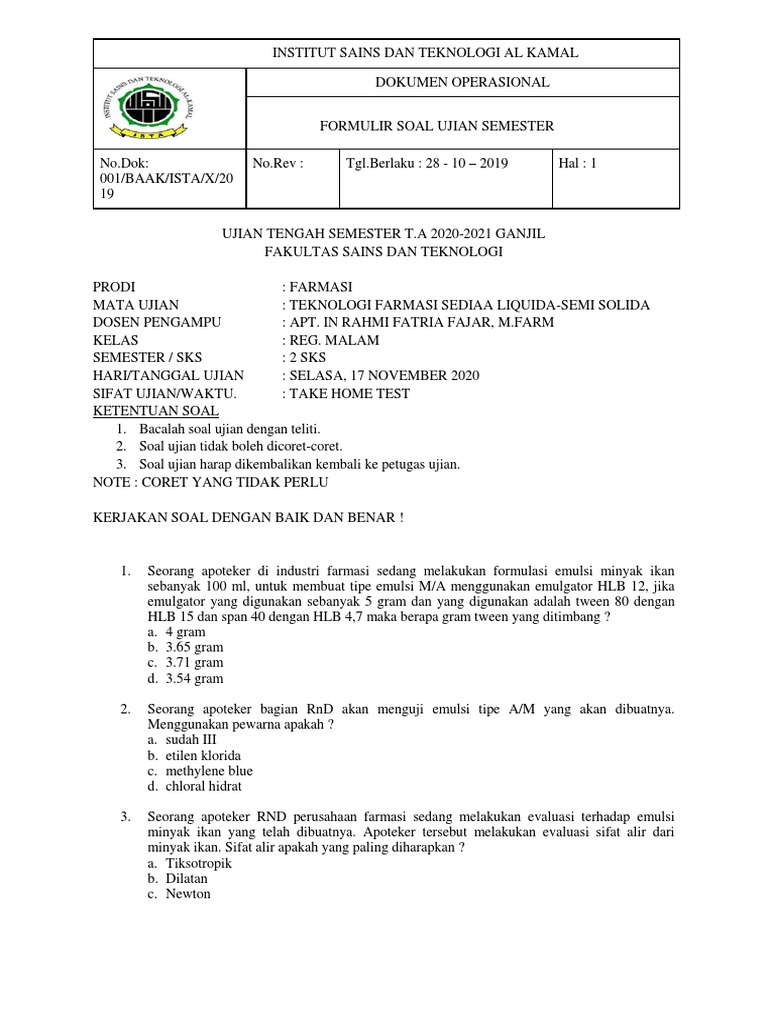 Soal Uts Liquida-Semi Solida | PDF