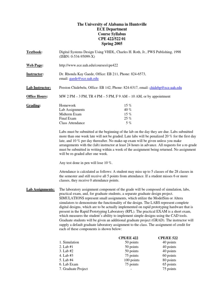 Textbook:: The University of Alabama in Huntsville ECE Department Course Syllabus CPE 422/522 01 ...