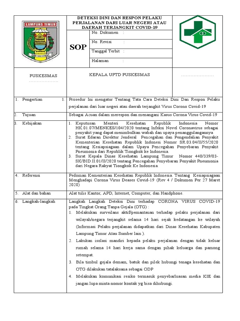 Contoh SOP Puskesmas Tentang Deteksi Dini Dan Respon Covid 19-3 | PDF | Sains & Matematika