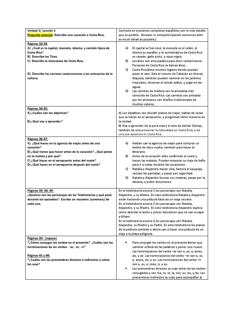 Avancemos Spanish 2 Unit 1 Lesson 1 Cornell Notes 3 11 | PDF | Costa ...