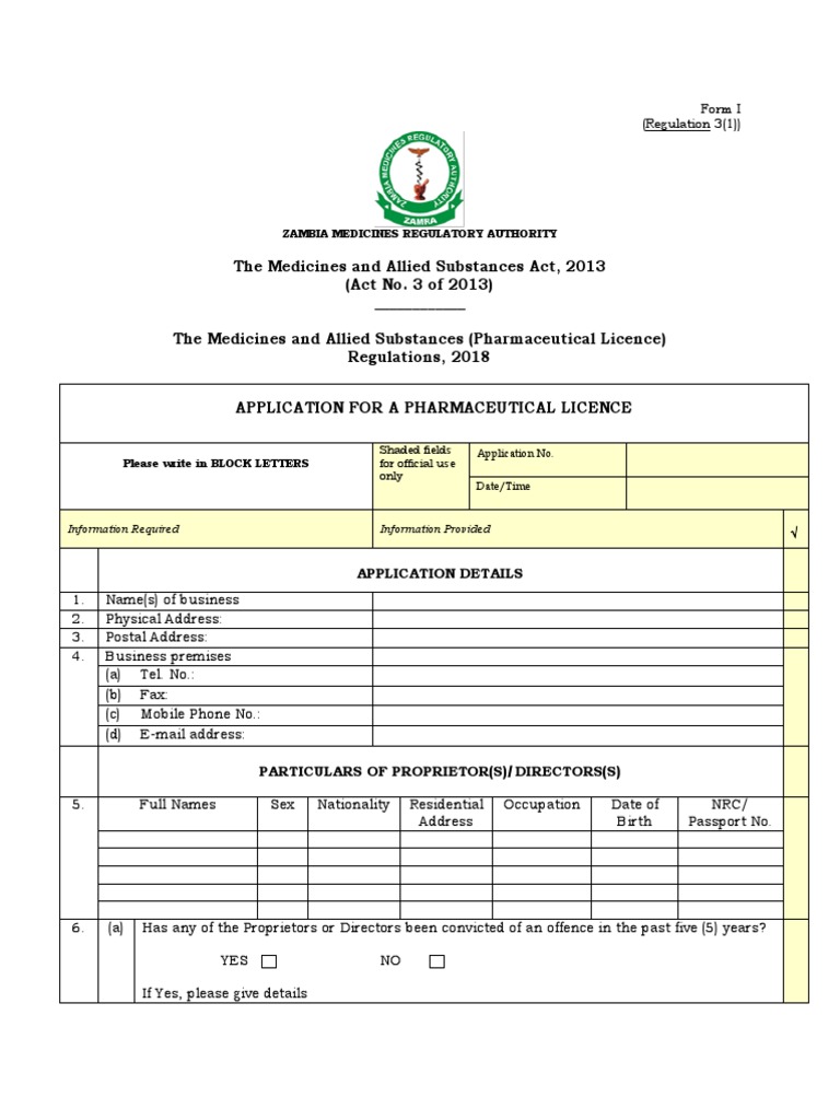 Forms Application For Pharmaceutical Licence | PDF | Government | Business