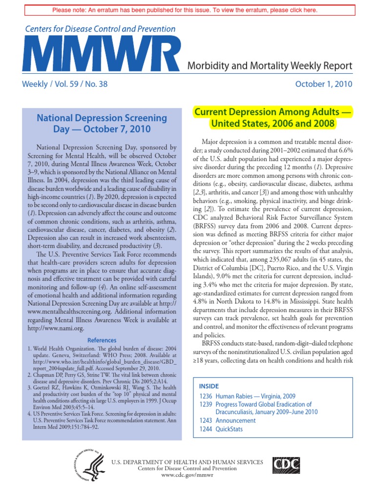 Current Depression Among Adults - United States, 2006 and 2008 National ...