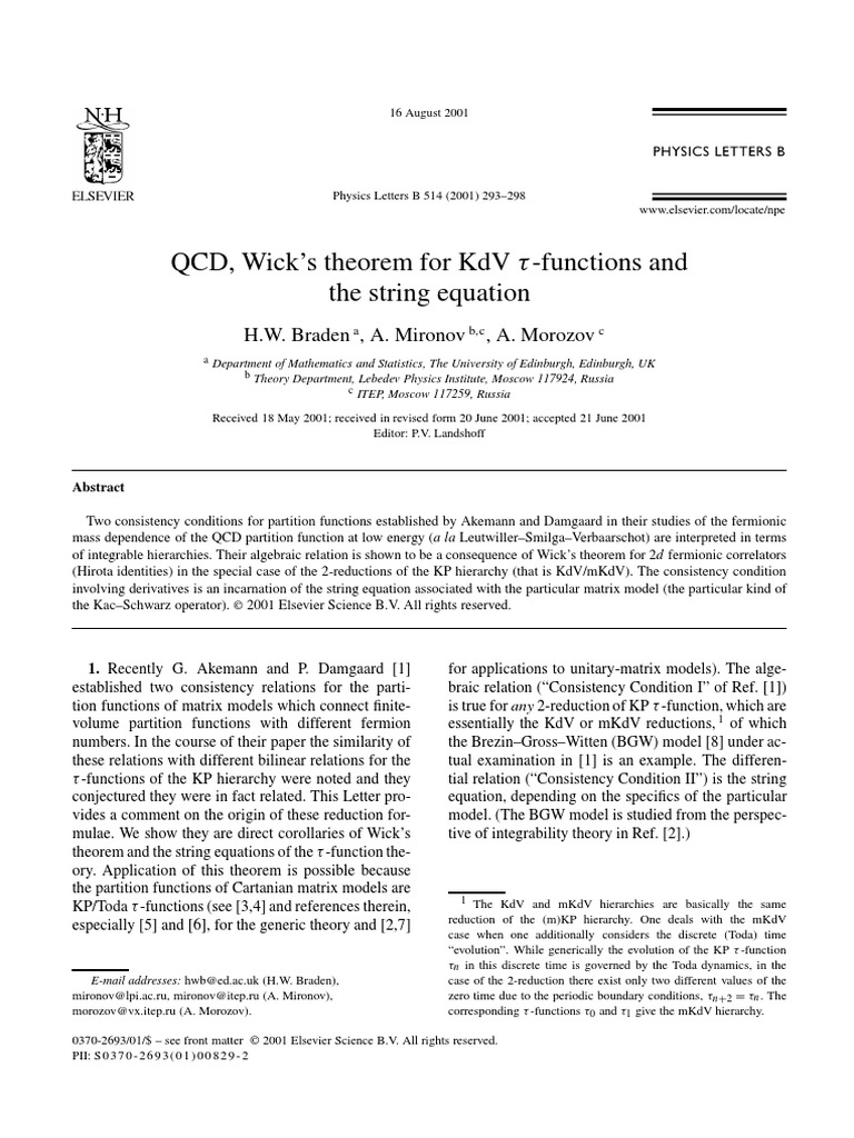 Qcd, Wick'S Theorem For Kdv Τ -Functions And The String Equation | PDF | Determinant | Matrix ...