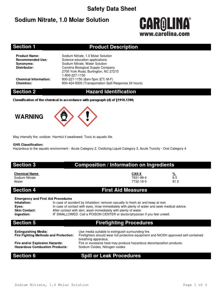 Safety Data Sheet Sodium Nitrate, 1.0 Molar Solution: Section 1 Product ...