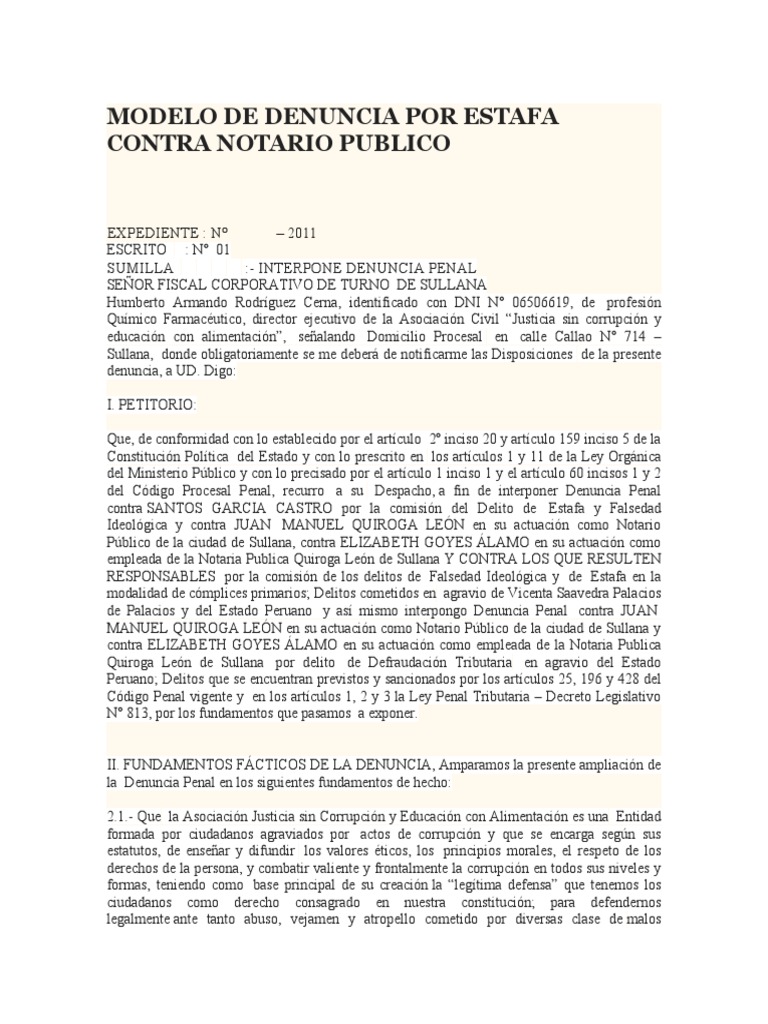 Usp - Modelo de Denuncia Por Estafa Contra Notario Publico | PDF | Trucos de confianza | Ley común