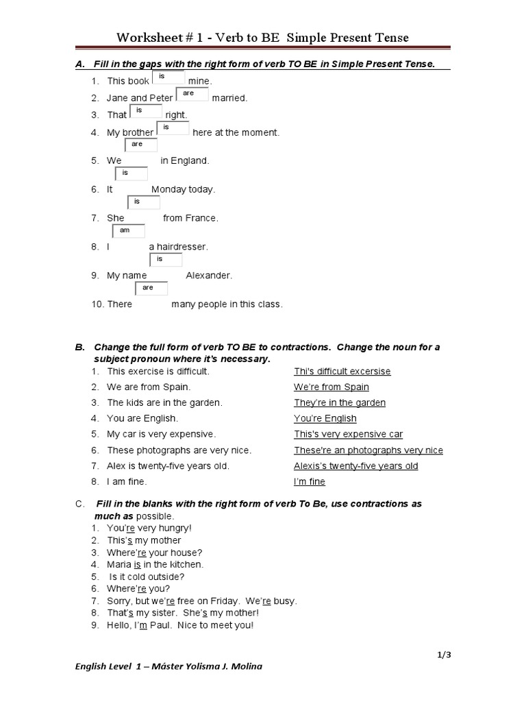 Worksheet # 1 - Verb To BE Simple Present Tense | PDF | Verb | English ...