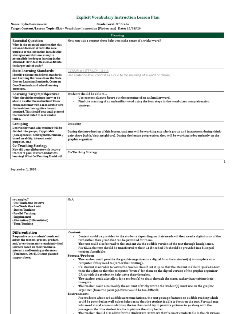 Edu 443 Explicit Vocabulary Instruction Lesson Plan | PDF | Reading ...