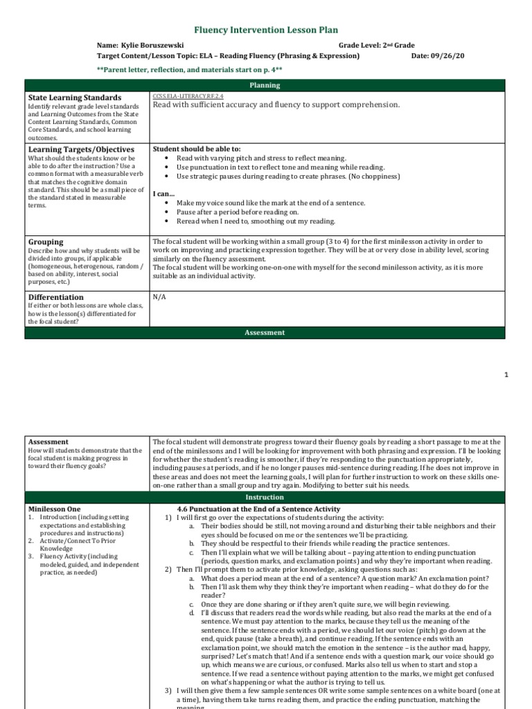 Assessing and Teaching Fluency Lesson Parent Letter Edu443 | PDF ...
