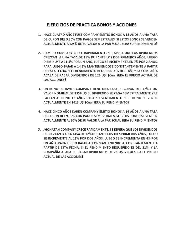 Ejercicios de Practica Bonos Acciones | PDF