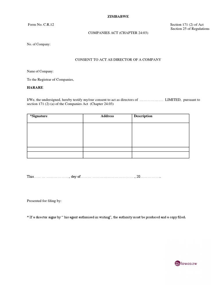 Zimbabwe Company Director Consent Form | PDF
