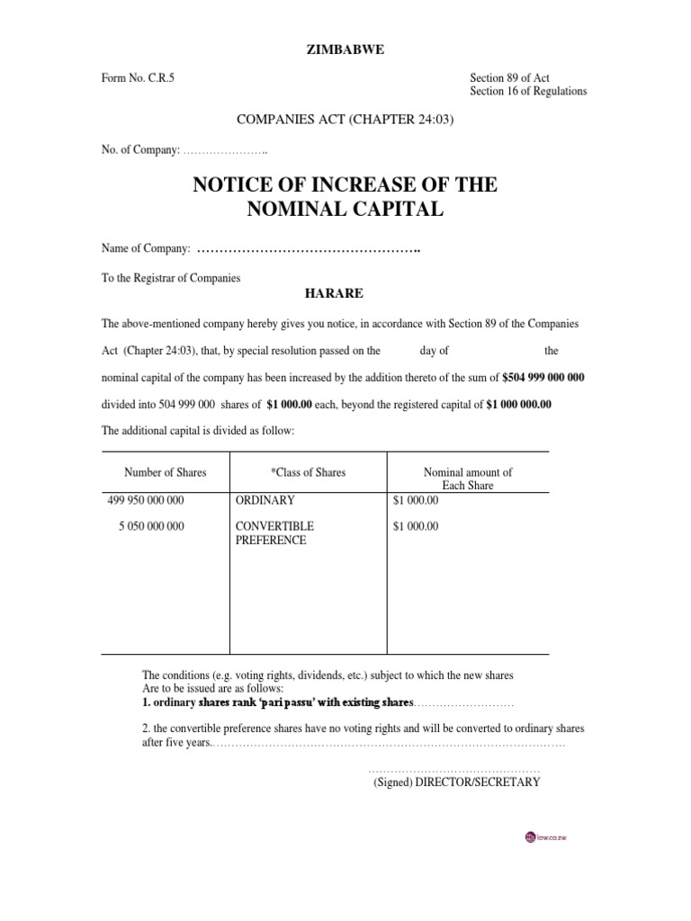 Notice of Increase of The Nominal Capital: Companies Act (Chapter 24:03 ...
