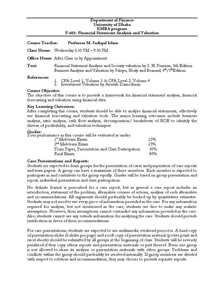 Financial Statement Analysis Course Outline | PDF | Valuation (Finance ...