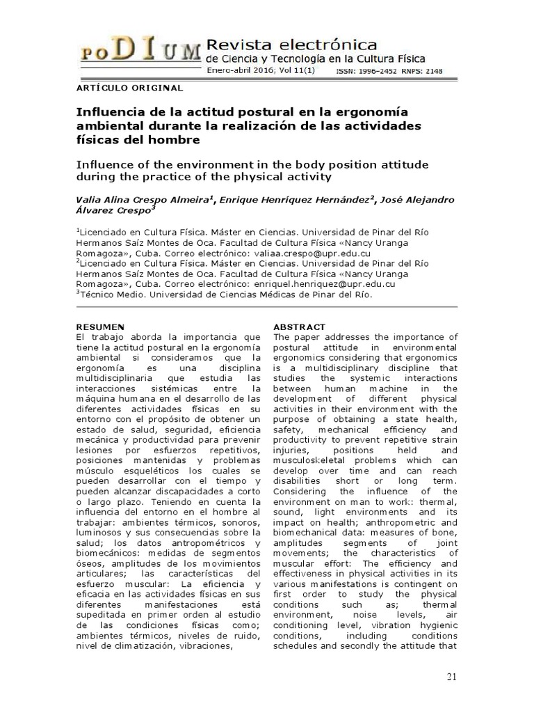 Influencia de La Actitud Postural en La Ergonomía Ambiental Durante La Realización de Las ...