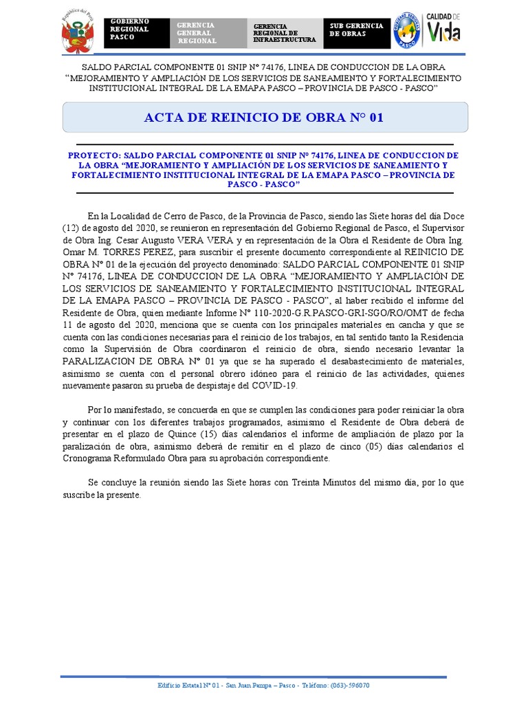 Acta de Reinicio de Obra | PDF