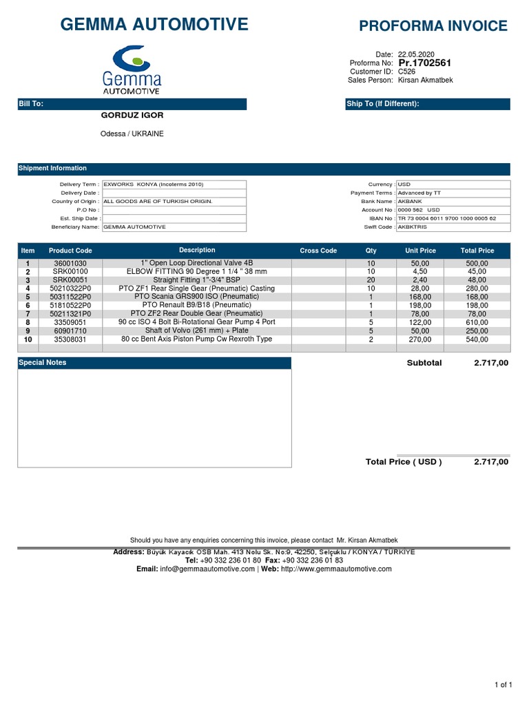 Proforma Invoice (Pr.1702561) | PDF | Automotive Equipment ...