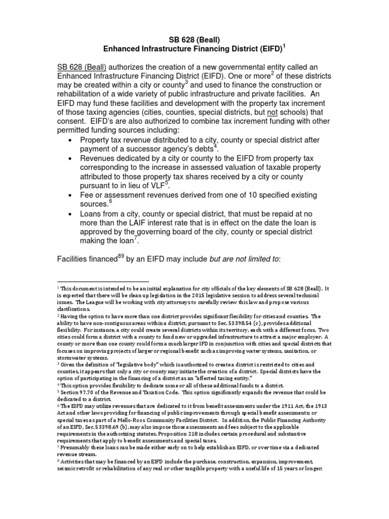 SB 628 (Beall) Enhanced Infrastructure Financing District (EIFD) | PDF ...