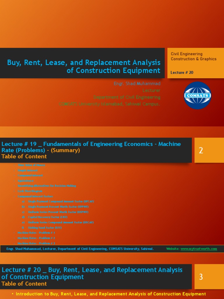 Lecture 20 - Buy Rent Lease and Replacement Analysis of Construction Equipment | PDF | Lease ...